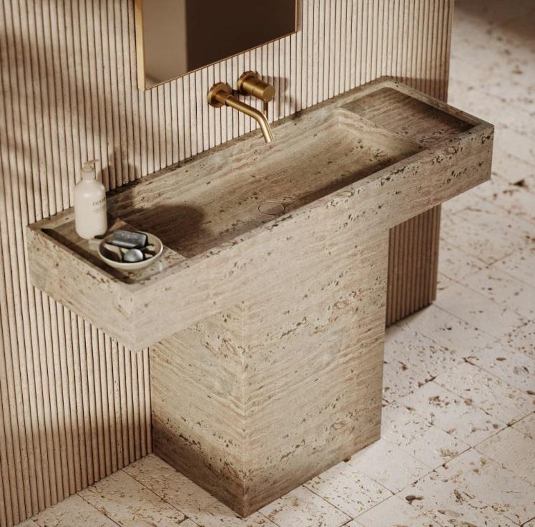 Travertine Pedestal Stone Sink Modern Minimalist Bathroom Vanity Sink ...