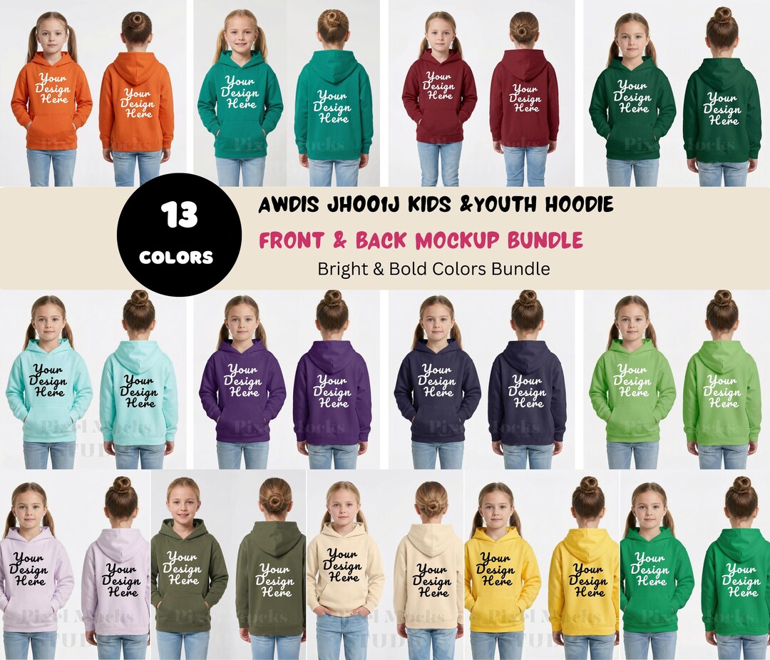 AWDIS JH001J Kids Hoodie Mockup | Girl Hoodie Front & Back Bundle | 13 ...