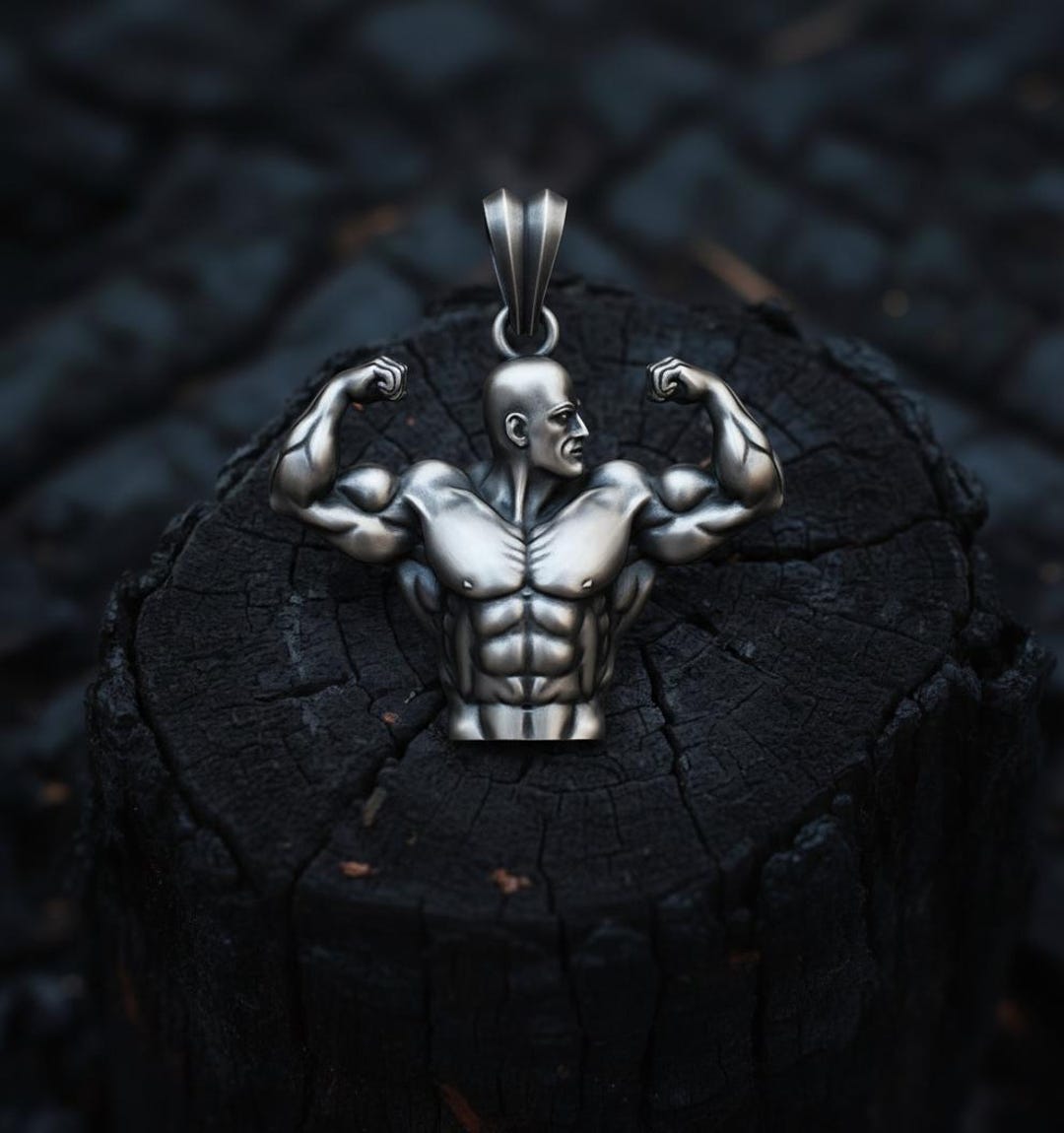 Bodybuilder Pendant 925 Sterling Silver Oxidized Finish Muscle Man ...
