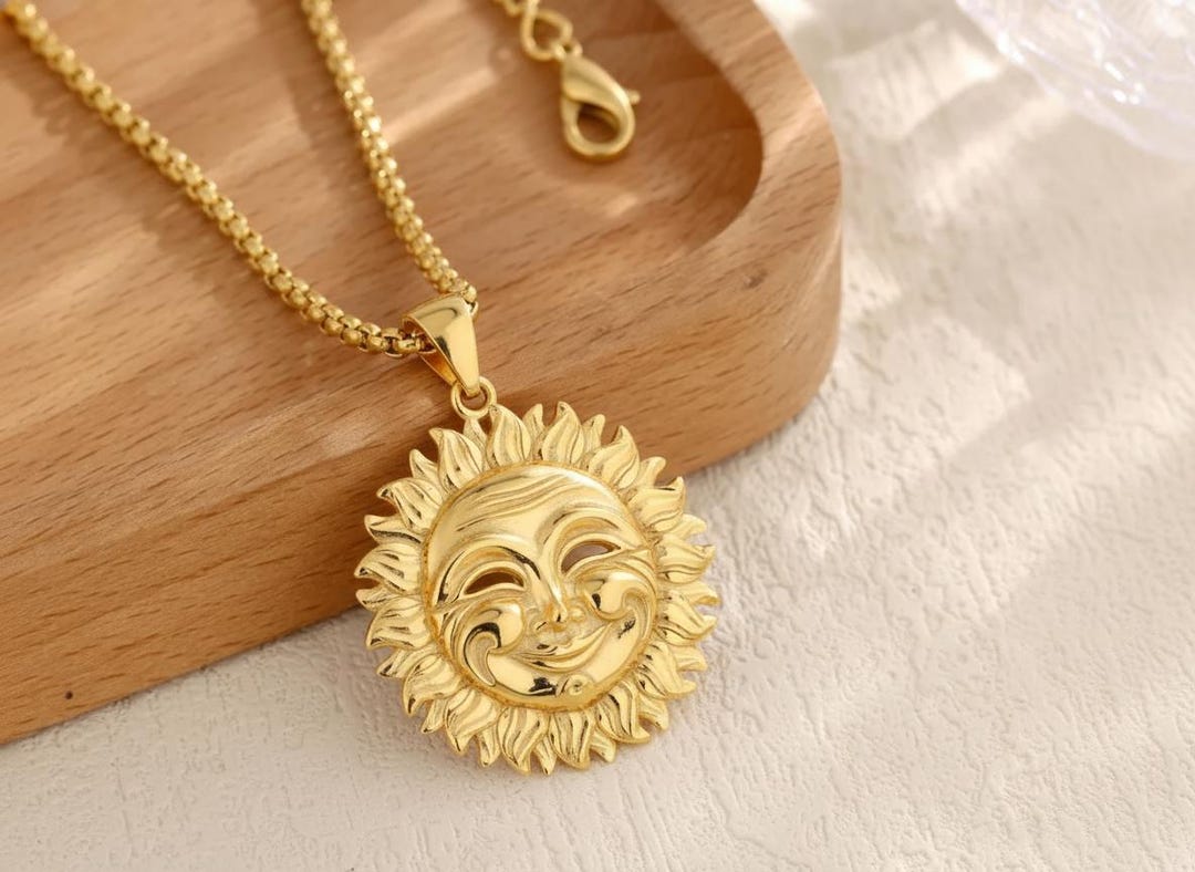 Smiling Sun Pendant, 14K Gold Vermeil Sun Face Jewelry, Celestial Charm ...