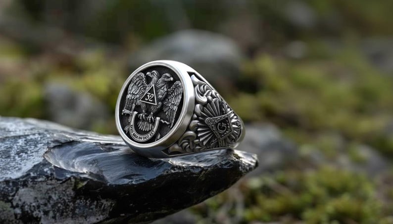 Scottish Rite 32nd Degree Masonic Ring 925 Sterling Silver 14K Gold ...