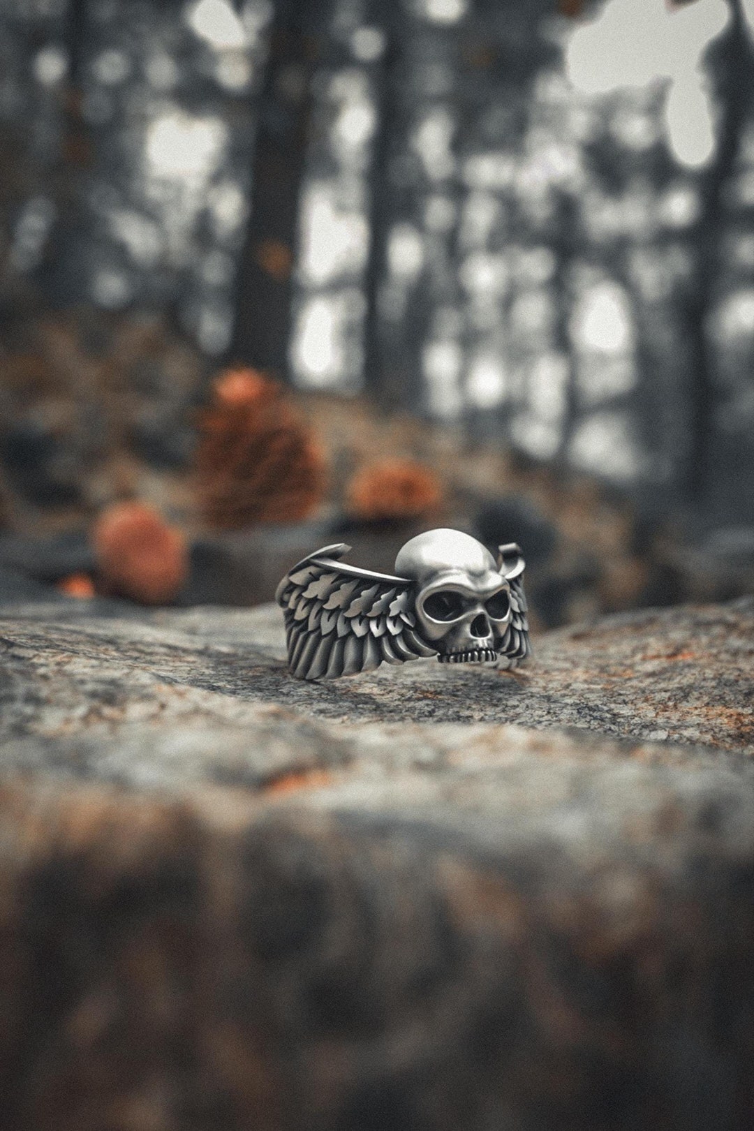 Winged Skull Ring 925 Sterling Silver, Gothic Angel Wing Statement Ring, Handmade Biker Skull ...