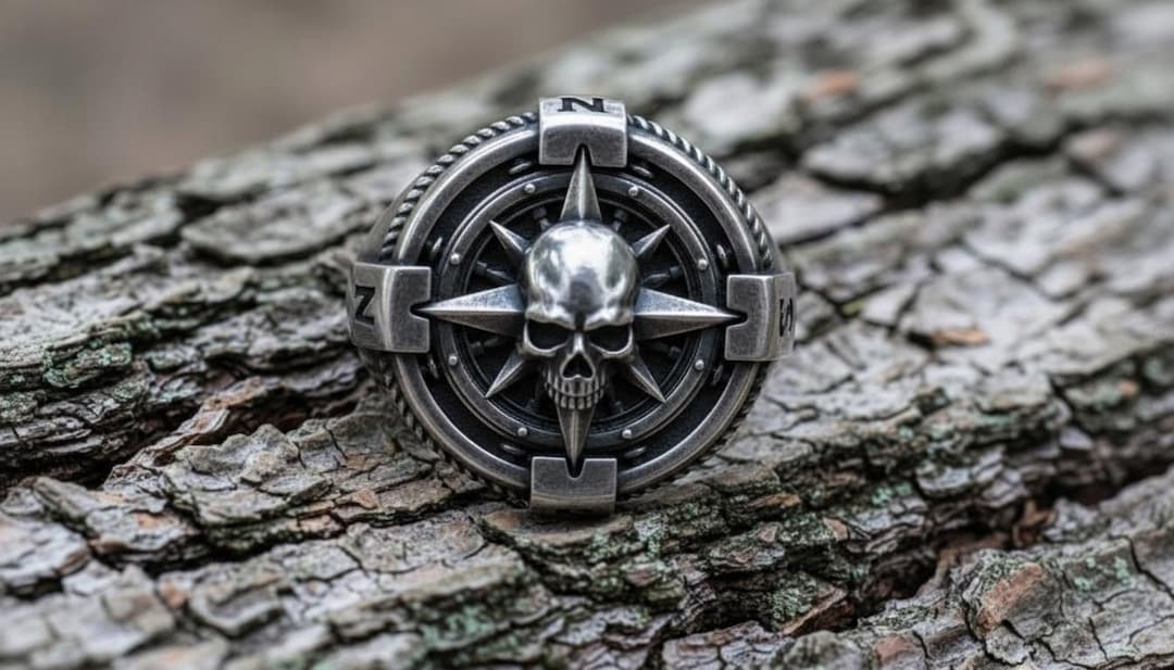 Compass Skull Ring 925 Sterling Silver Oxidized Finish Nautical ...