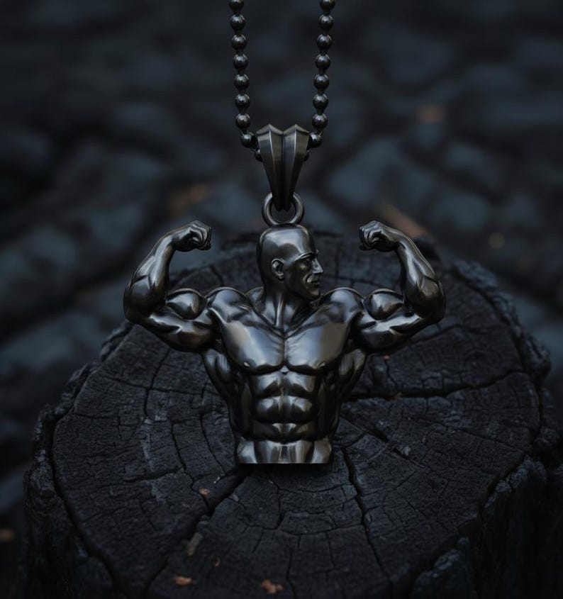 Bodybuilder Pendant 925 Sterling Silver Oxidized Finish Muscle Man ...