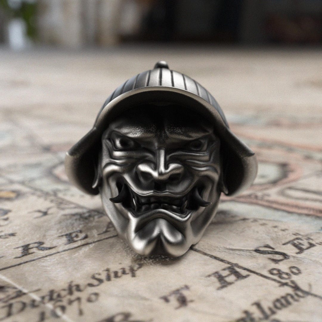 Handcrafted Japanese Oni Hannya Mask Ring, Sterling Silver Demon ...