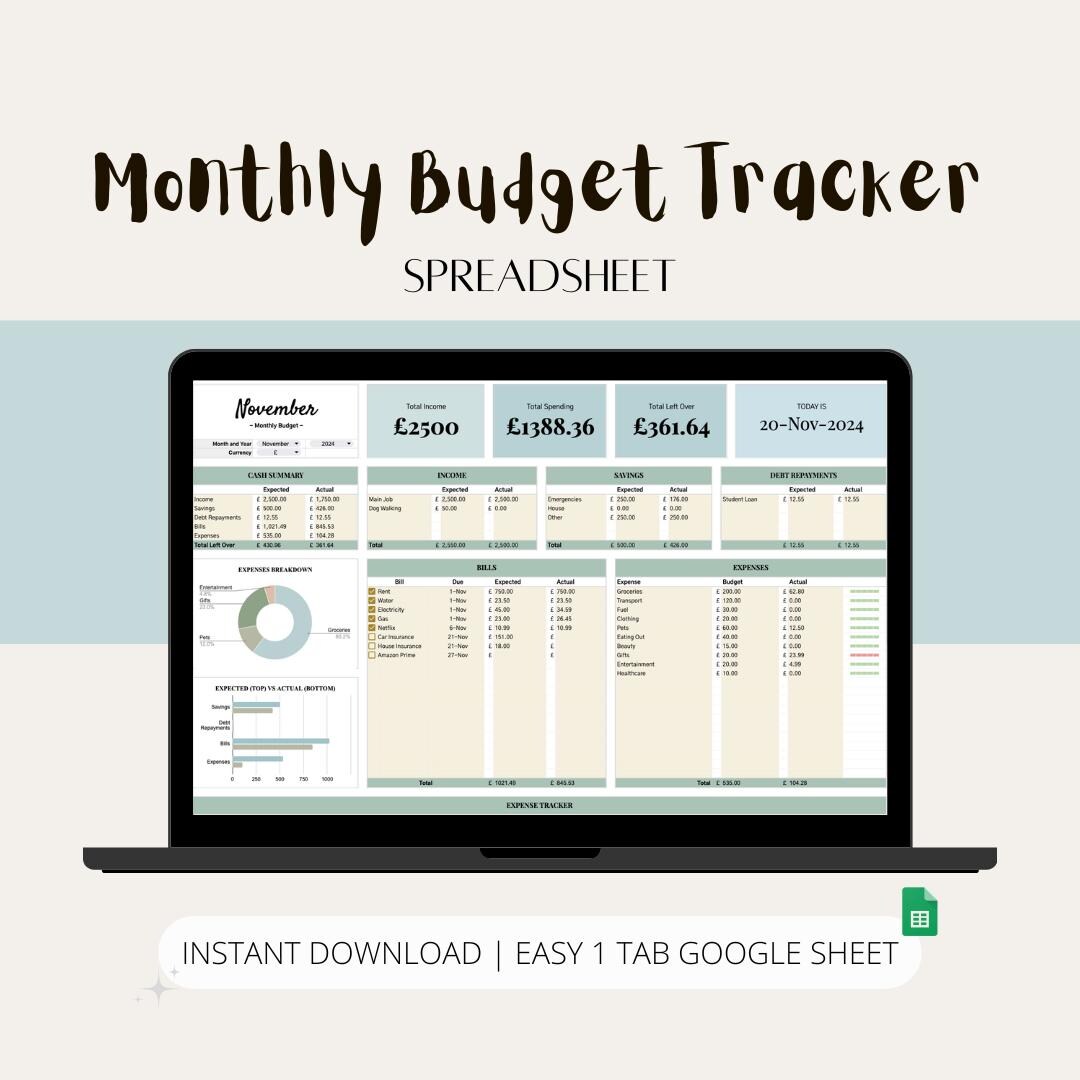 Monthly Budget Planner Spreadsheet | Google Sheets Budgeting | Simple ...