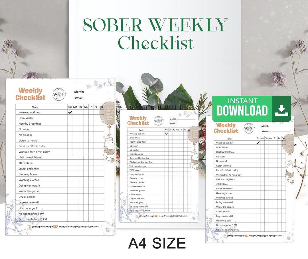 Sober Weekly Checklist - Daily Progress Tracker for Sobriety Journey Stay on Track With Your ...