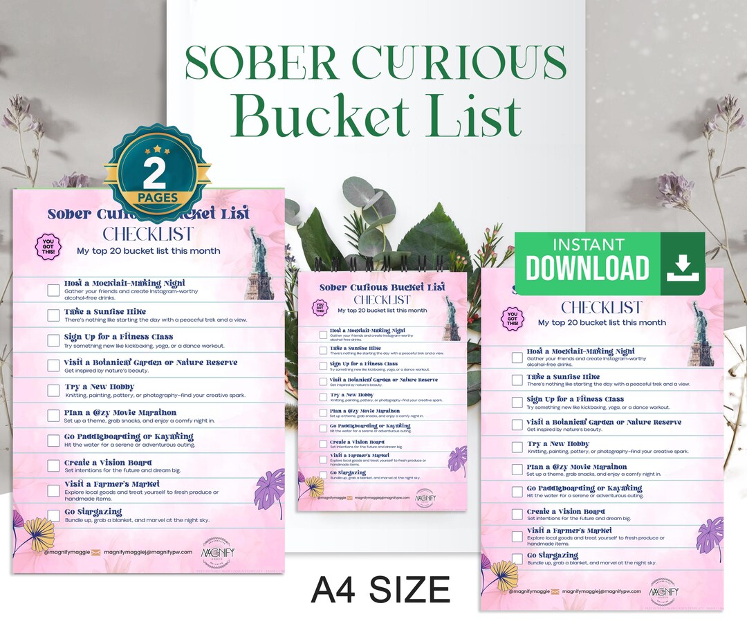 Sober Curious Bucket List, Personal Bucket List, Monthly Checklist ...