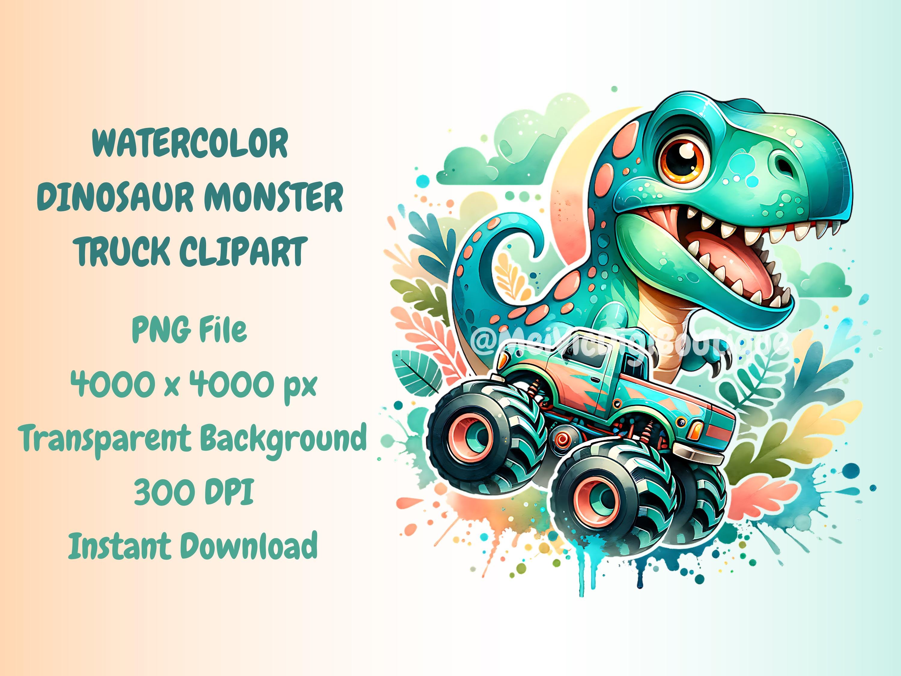 Watercolor Dinosaur Monster Truck Clipart, Dino Clipart, Dino Monster ...