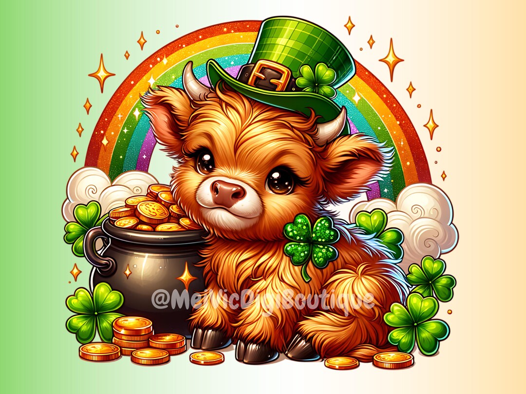 St. Patrick's Day Highland Cow Watercolor Clipart, Cute Highland Cow ...