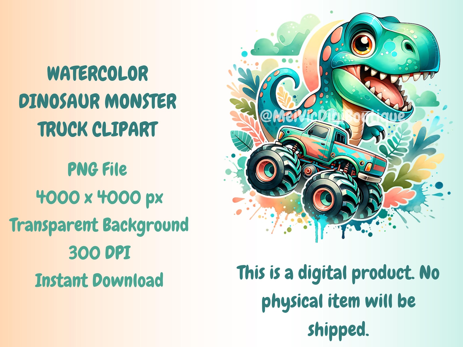 Watercolor Dinosaur Monster Truck Clipart, Dino Clipart, Dino Monster ...