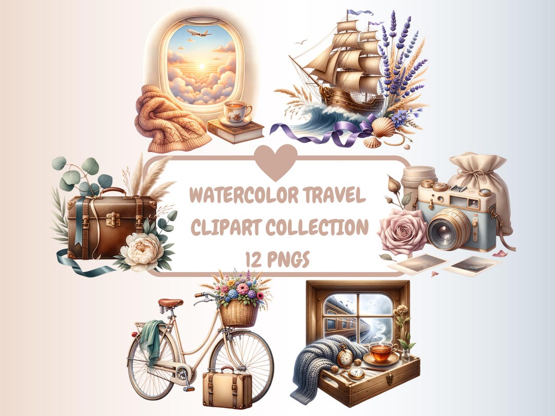 Watercolor Travel Clipart Set, Summer Vacation Clipart, Holiday ...
