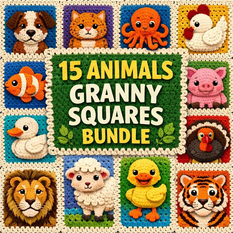 15 Animal Granny Square Crochet Patterns PDF, Cute Crochet Block Bundle ...