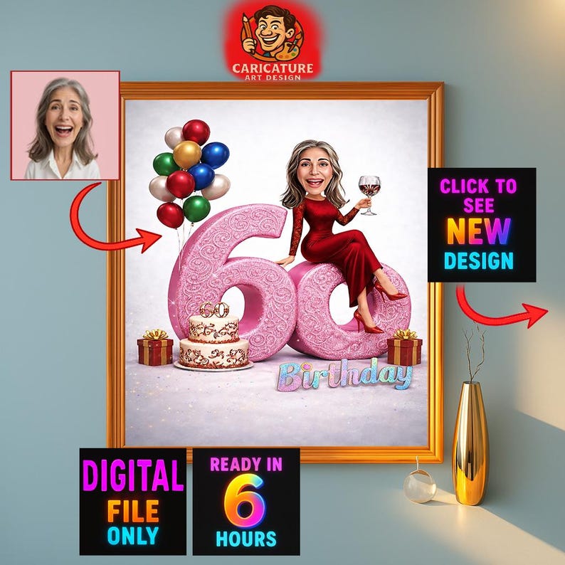 Custom 60th Cartoon Portrait | 60th Caricature | Personalized Happy ...