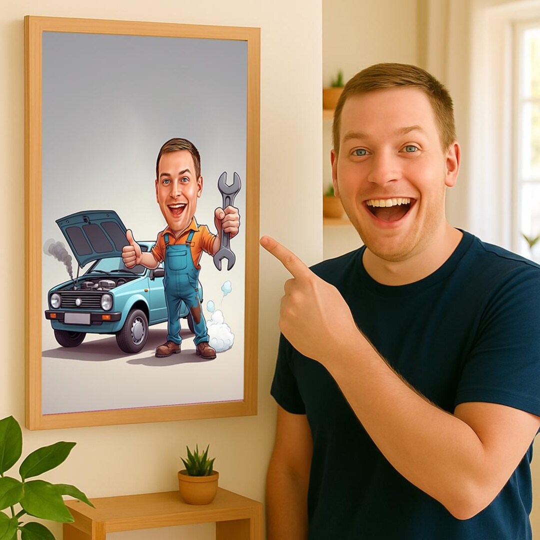 Car Mechanic Caricature Drawing From Photo, Funny Mechanic Gift for Men ...