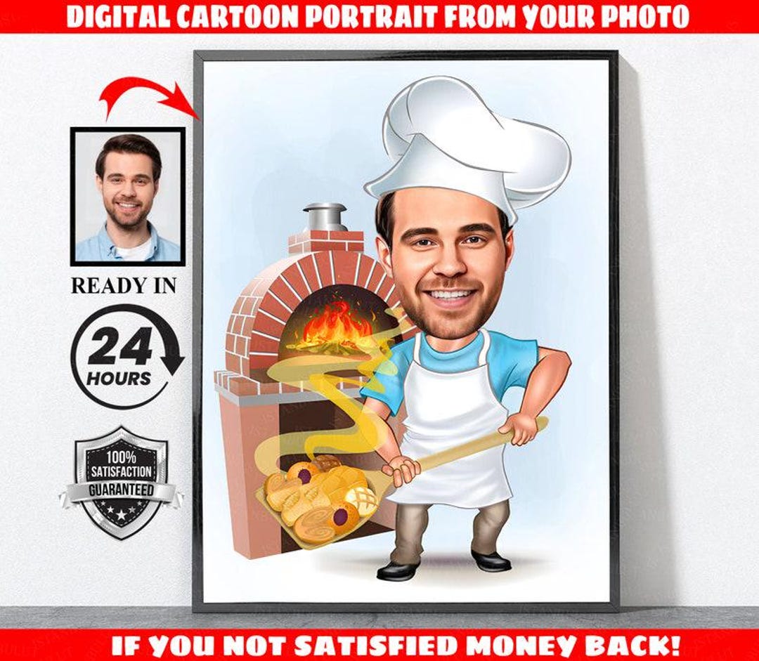 Cartoon Baker Portrait, Baker Bakery Gift for Him Her Men Women Male ...