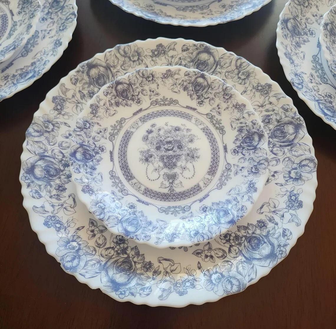 VNTG Arcopal Honorine Blue Floral Milk Glass Dinnerware - Etsy