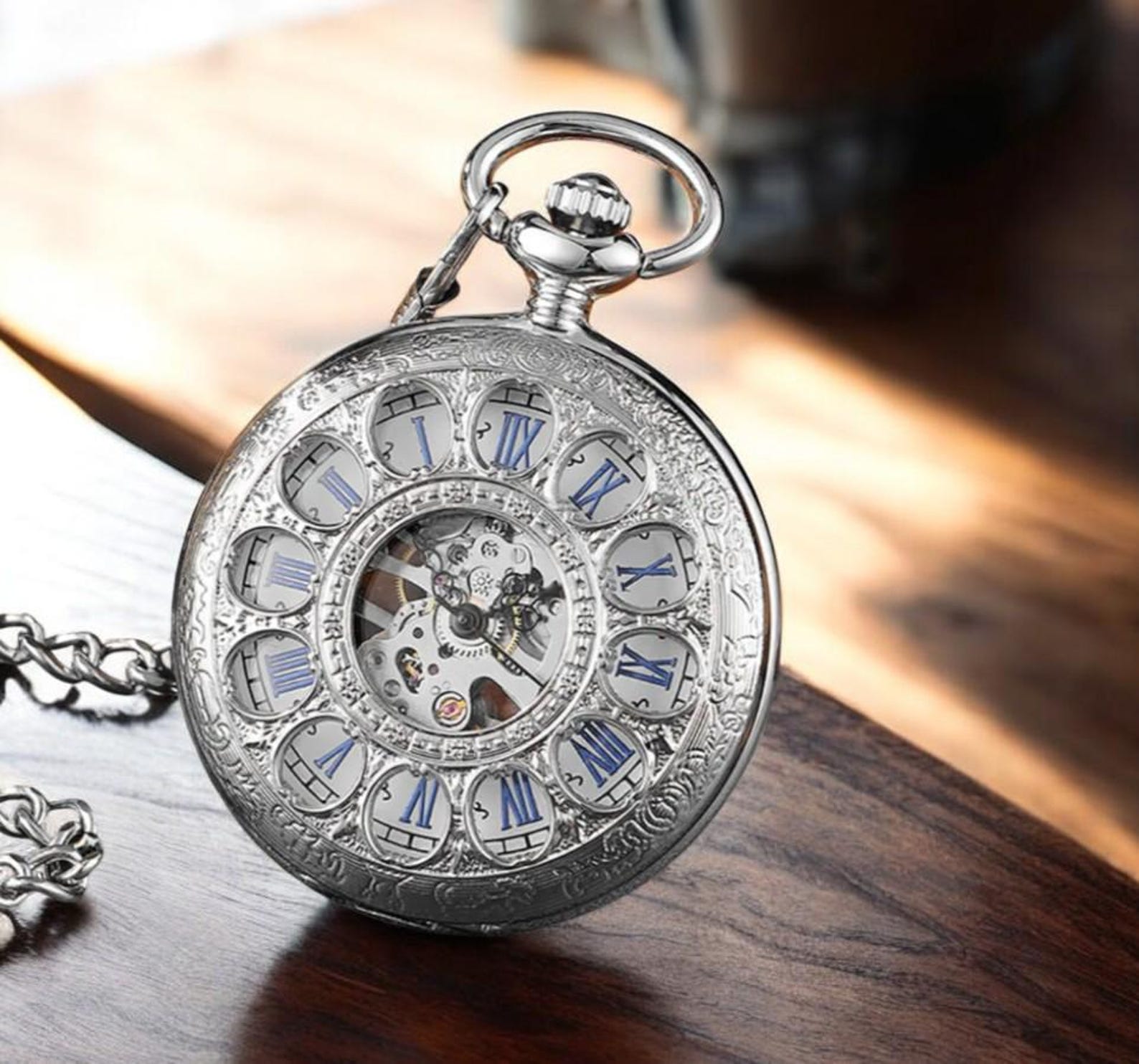 Roman Numeral Mechanical Pocket Watch – Luxury Engraved Silver Case ...