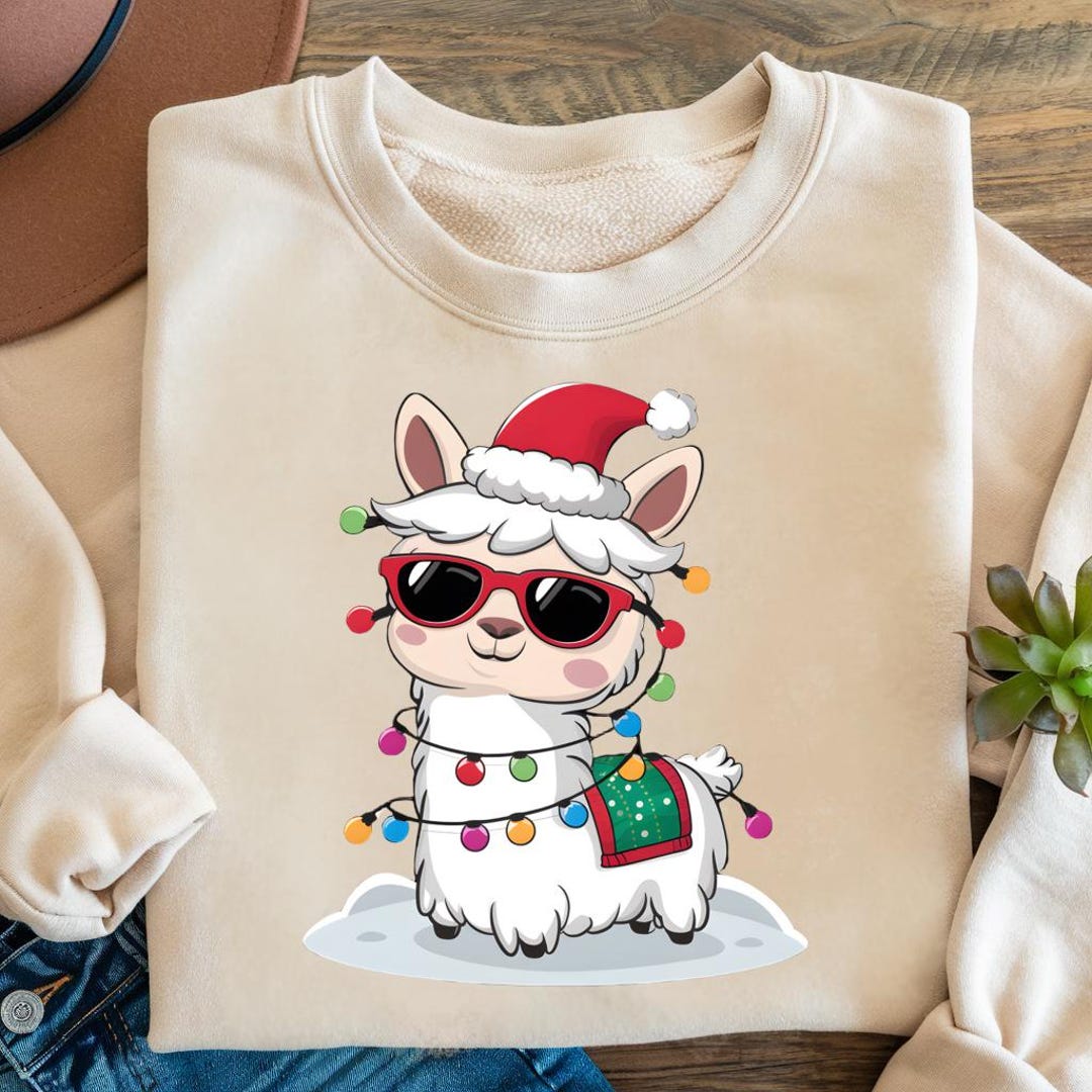 Christmas Llama PNG | Santa Hat Alpaca With Lights | Holiday Llama ...