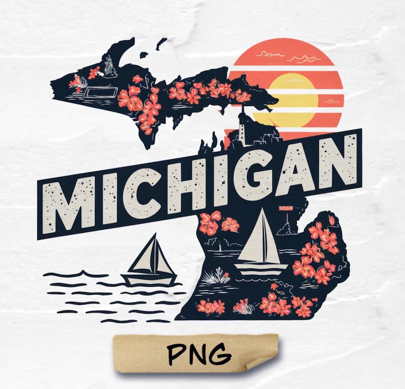 Retro Michigan State Map PNG: Travel Design (digital File) - Etsy