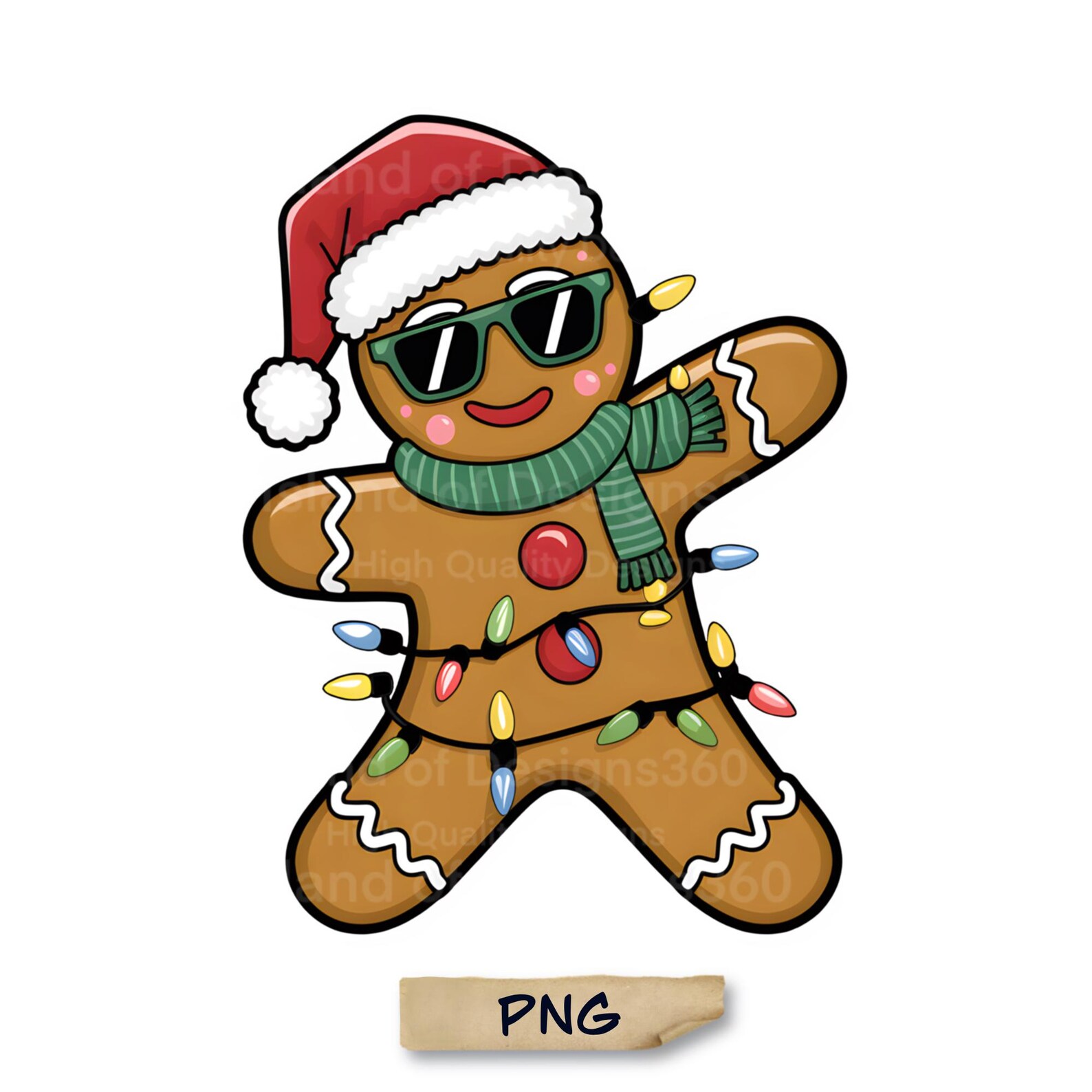 Cool Gingerbread Man With Christmas Lights PNG | Santa Hat & Sunglasses ...
