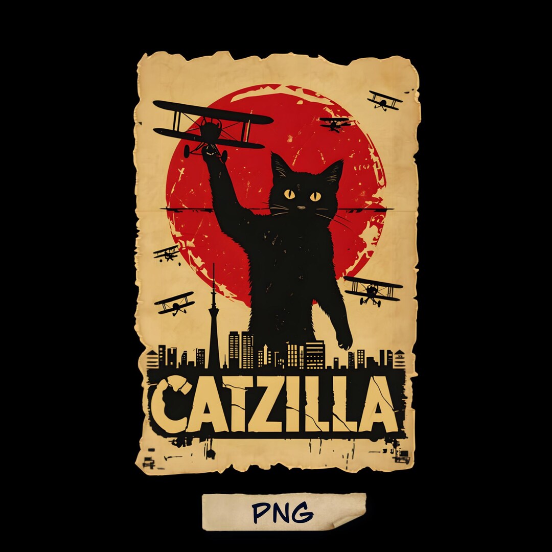 Vintage Catzilla Poster With Dynamic Black Cat Silhouette PNG, Catzilla ...