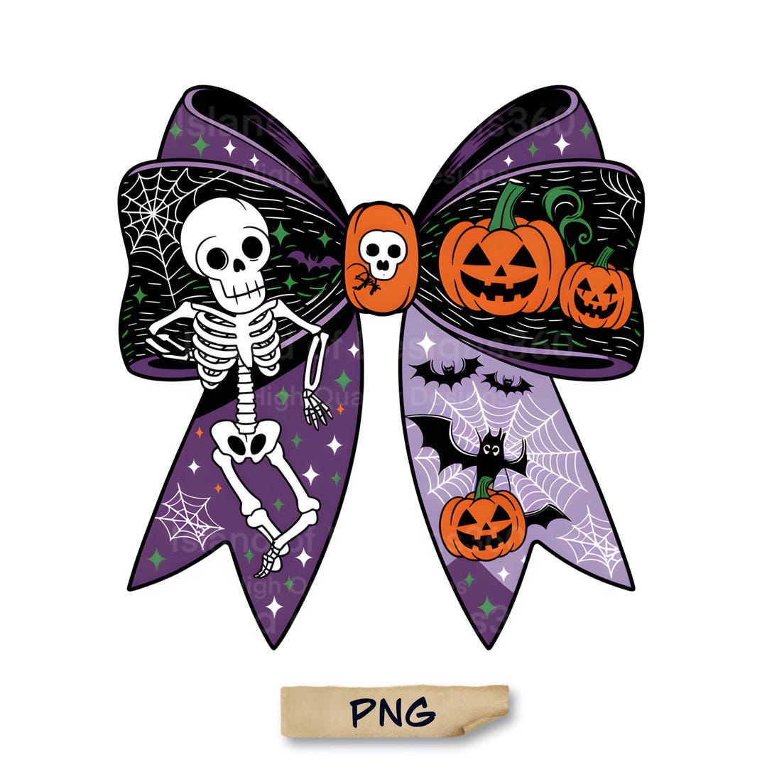 Halloween Skeleton Bow Clipart: Spooky Pumpkin Bat Design (PNG, Instant ...