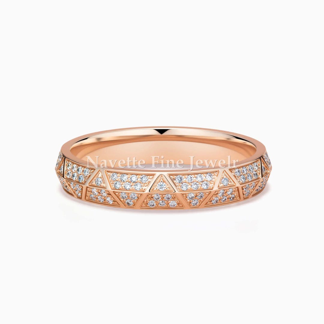 4mm Wide Gold Wedding Band, 14k Gold Round Moissanite Diamond Wedding ...