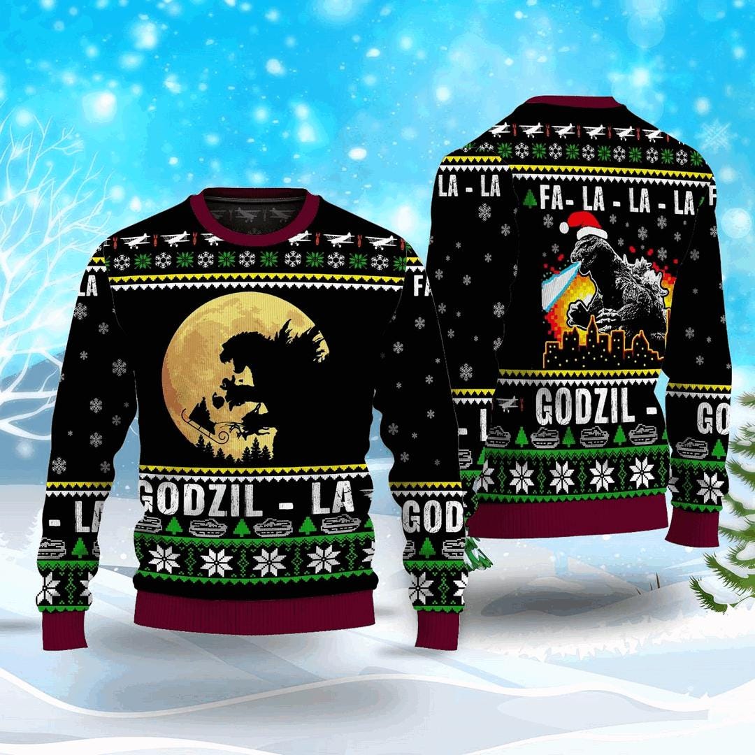 Godzilla Christmas Tree Ugly Sweater Funny Godzilla Christmas Sweater ...