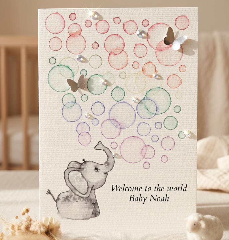 Personalized Elephant Baby Card, Handmade Watercolor 5x7 New Baby ...