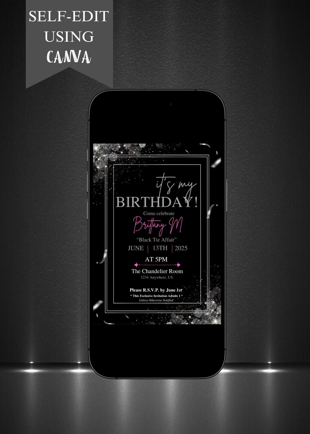 Silver & Pink Digital Birthday Invitation | Elegant Black Tie Affair ...