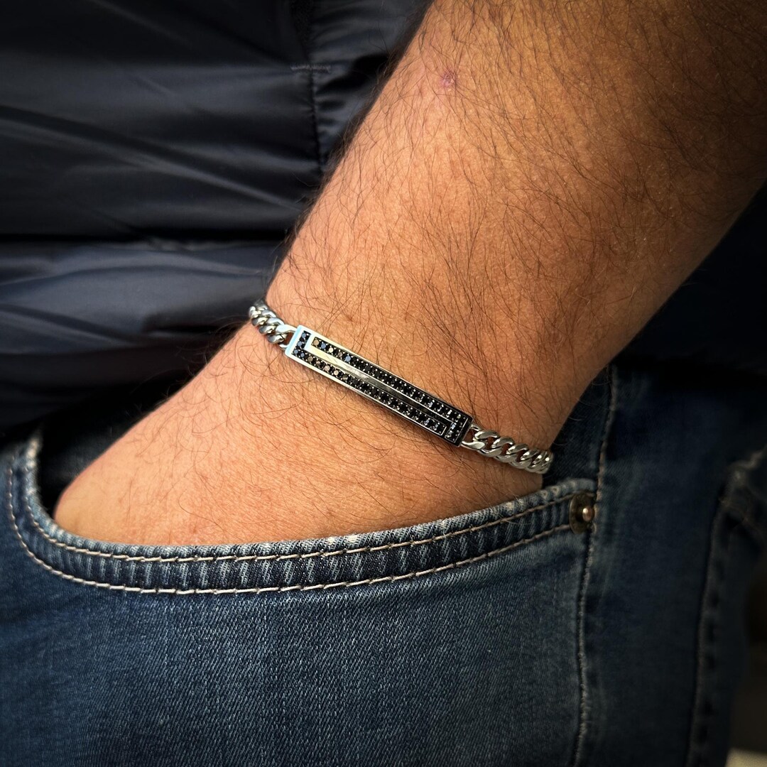 925 Sterling Silver Italian Style Men's Bracelet, Black Zircon Stones ...