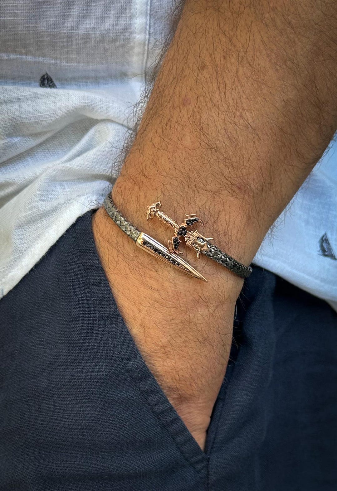 925 Sterling Silver Sword Cuff Bracelet for Men, Rose Gold & Oxidized ...