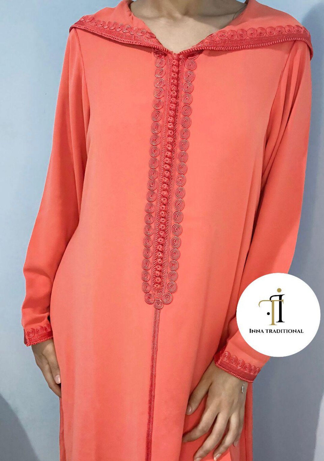Moroccan Traditional Djellaba Long for Ramadan /rouge Corail-grey - Etsy