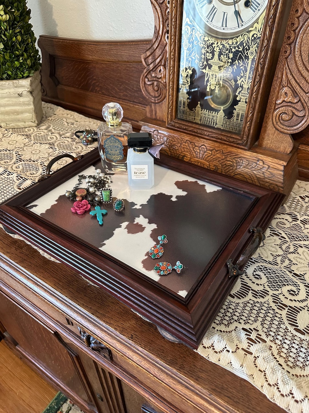 Serving Tray Riser Cowhide Fabric Tray, Rustic Farmhouse Decor With ...