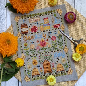 Beezzy Day Cross Stitch Pattern. Bee Cross Stitch. Beehive Cross Stitch ...