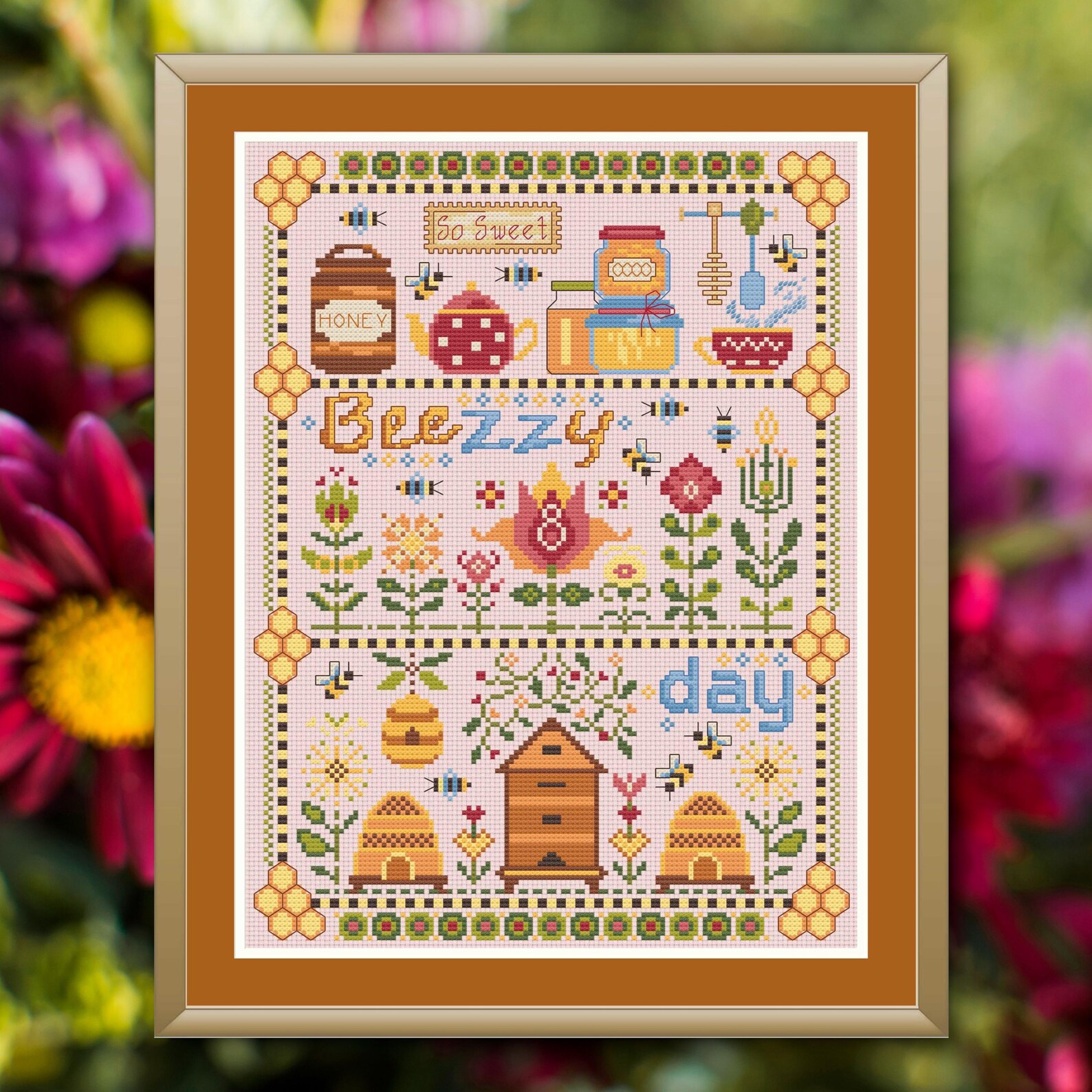 Beezzy Day Cross Stitch Pattern. Bee Cross Stitch. Beehive Cross Stitch ...