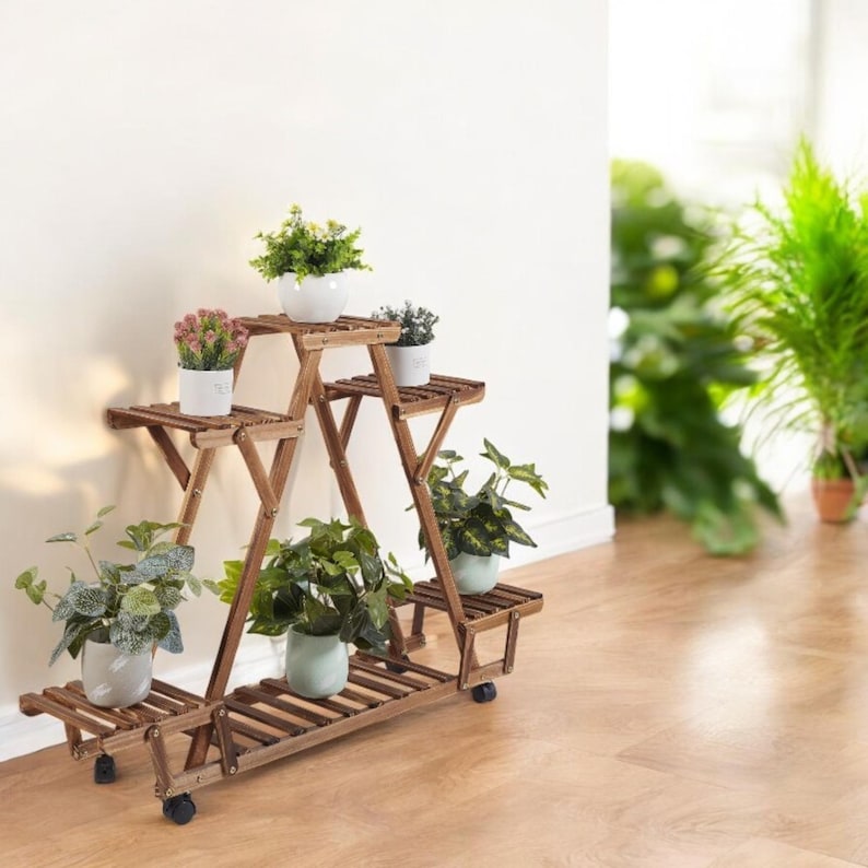 Carbonized Wood Triangular Plant Display Shelf With Wheels 6-pot Garden ...