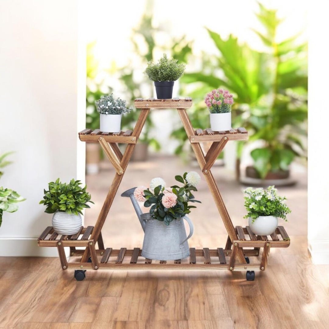 Carbonized Wood Triangular Plant Display Shelf With Wheels 6-pot Garden ...