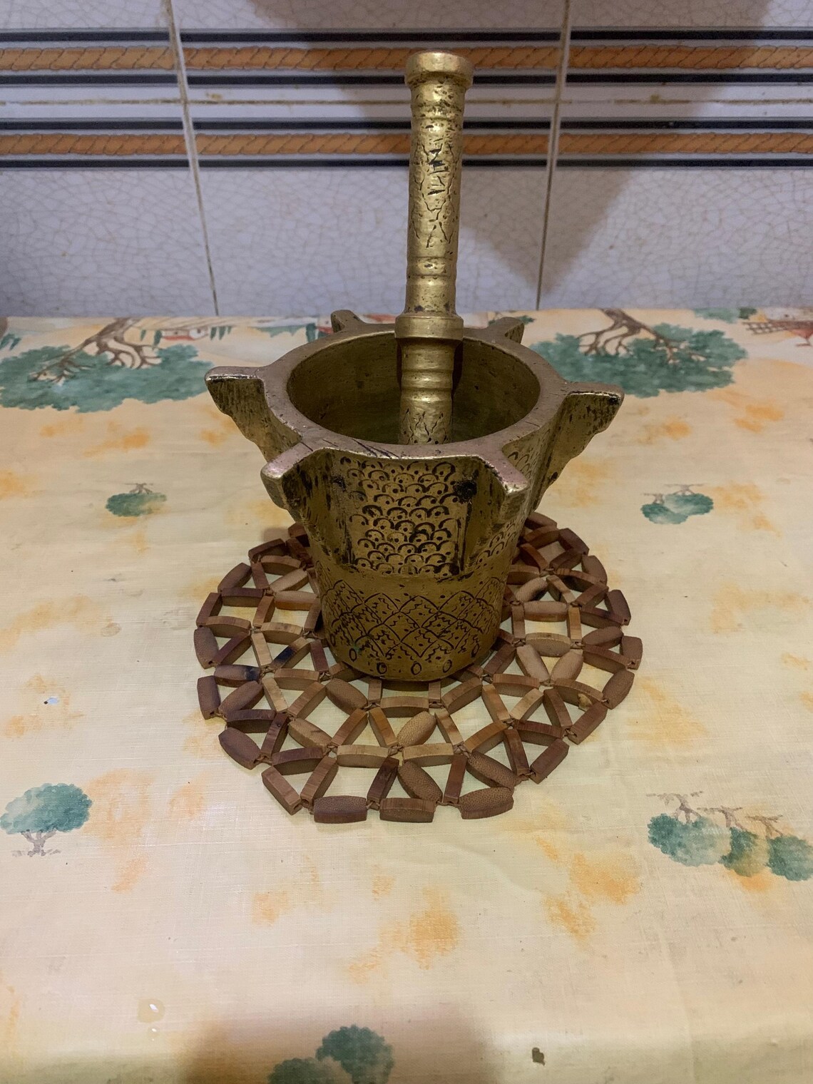 Antique Moroccan Brass Mortar – Handcrafted 6-sided Yellow Copper ...
