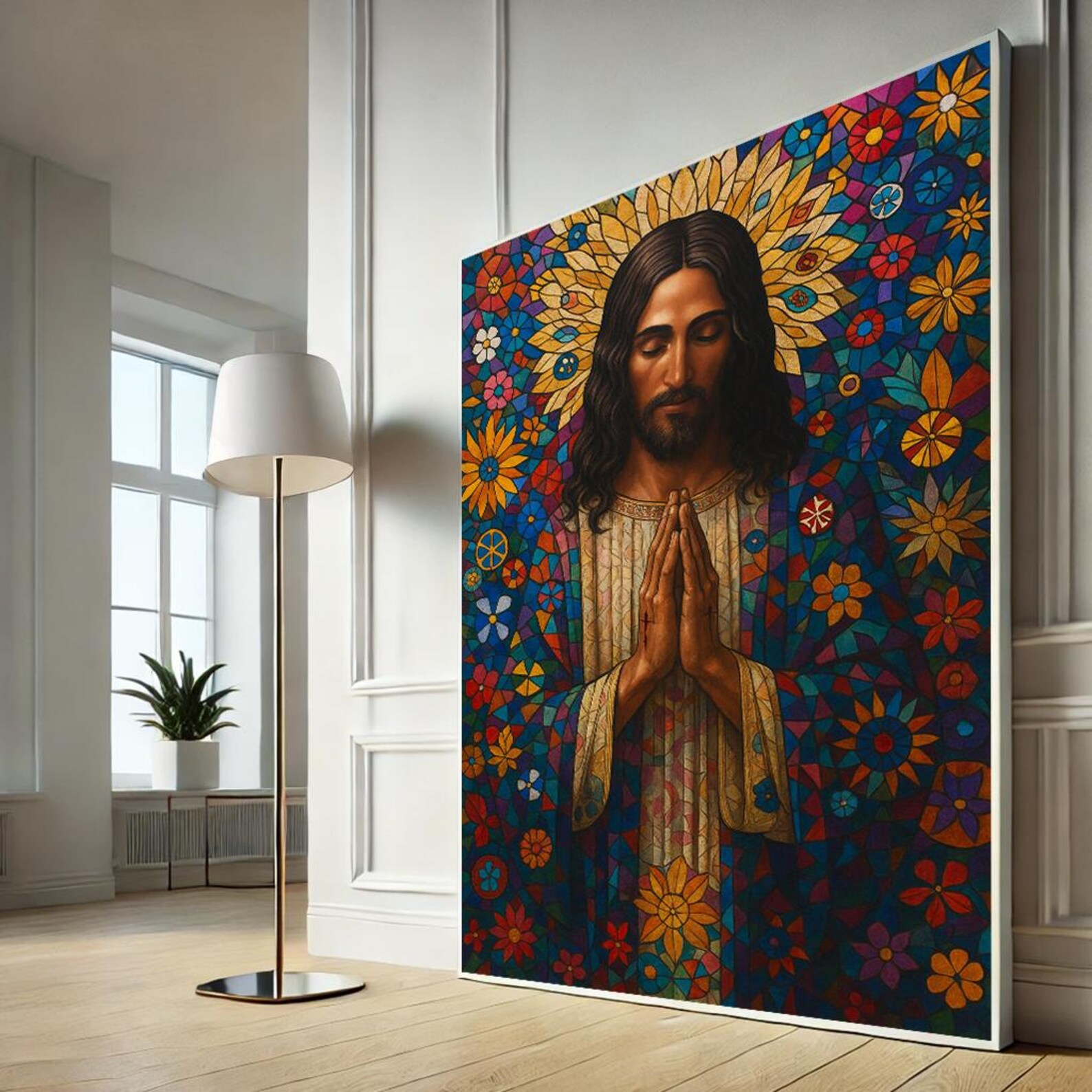 Jesus Praying Canvas Wall Art Print – Floral Christian Wall Decor for ...