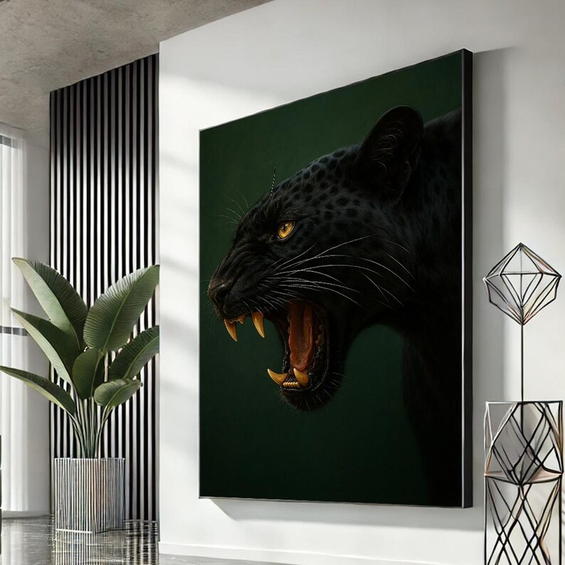 Fierce Black Panther Modern Canvas Wall Art Print | Dark Green Living ...