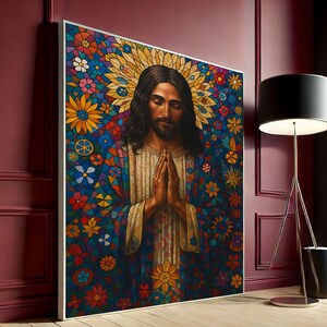Jesus Praying Canvas Wall Art Print – Floral Christian Wall Decor for ...