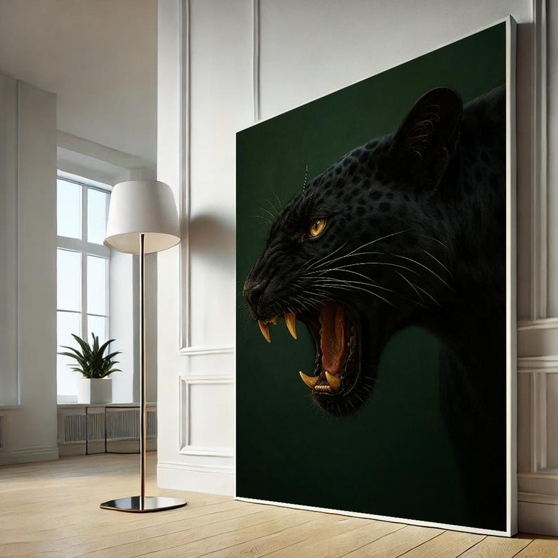 Fierce Black Panther Modern Canvas Wall Art Print | Dark Green Living ...