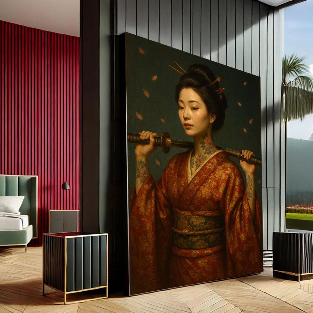 Elegant Japanese Geisha Canvas Wall Art Print Traditional Red Kimono ...