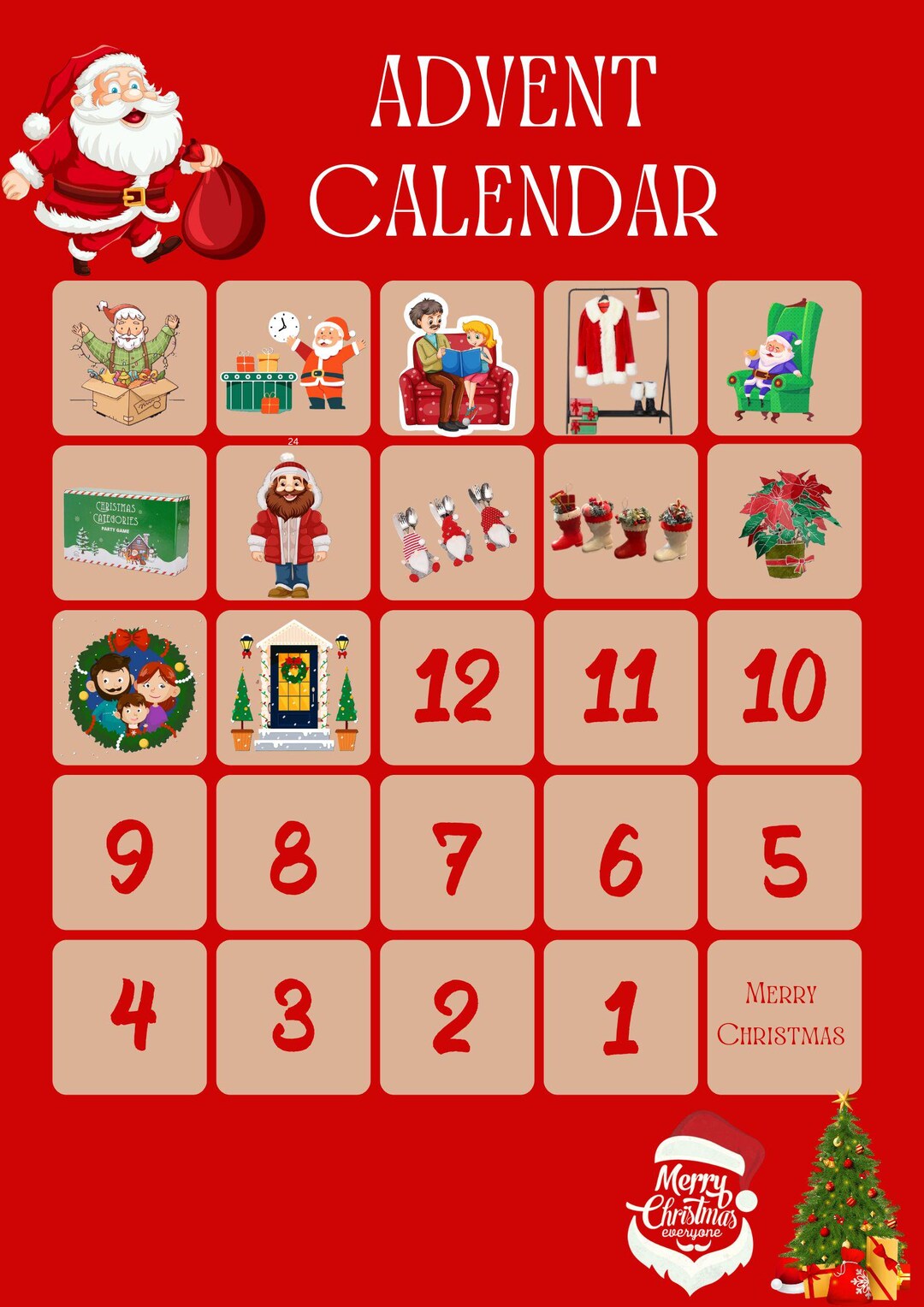 Printable Christmas Advent Calendar for Kids Ages 6-10 24 DIY Holiday ...
