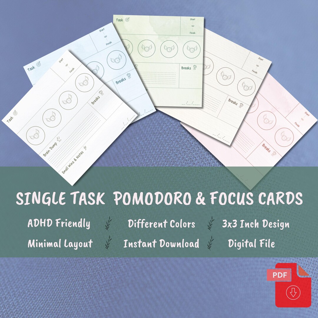 ADHD Friendly Single Task Pomodoro Cards | 3x3'' Minimal Design & 5 ...