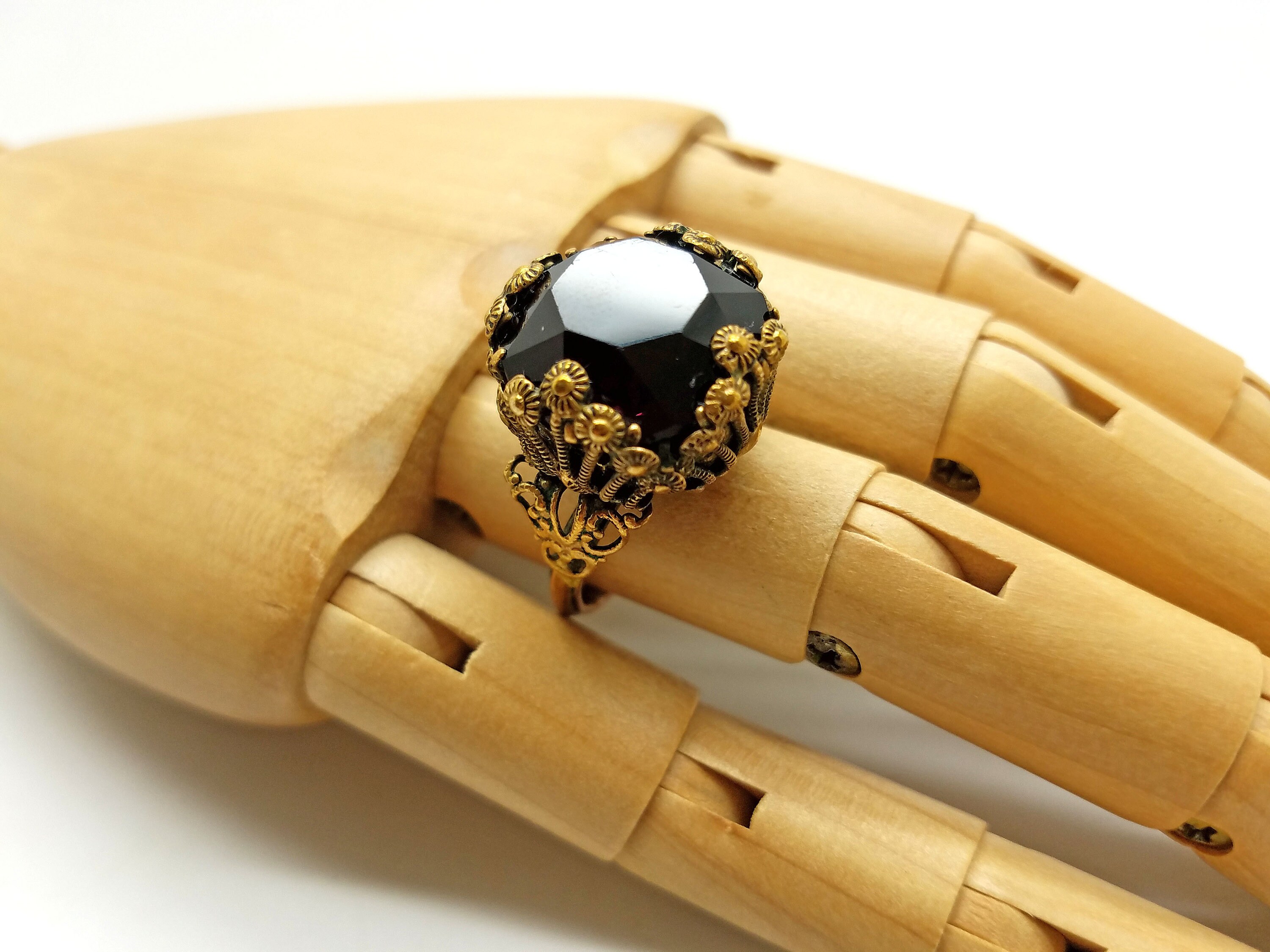 Vintage Retro Deep Dark Red Rhinestone Aged Brass Ring