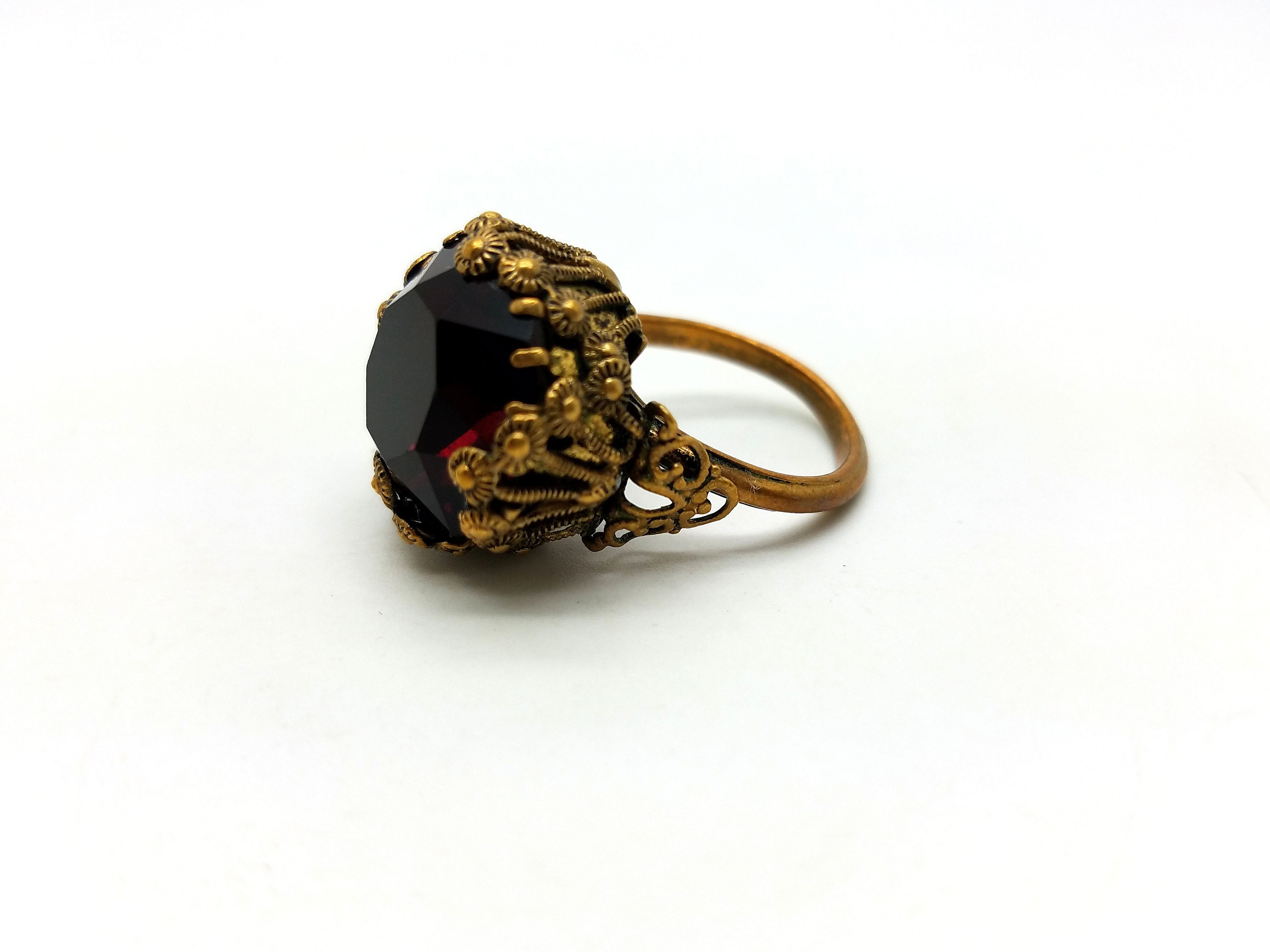 Vintage Retro Deep Dark Red Rhinestone Aged Brass Ring