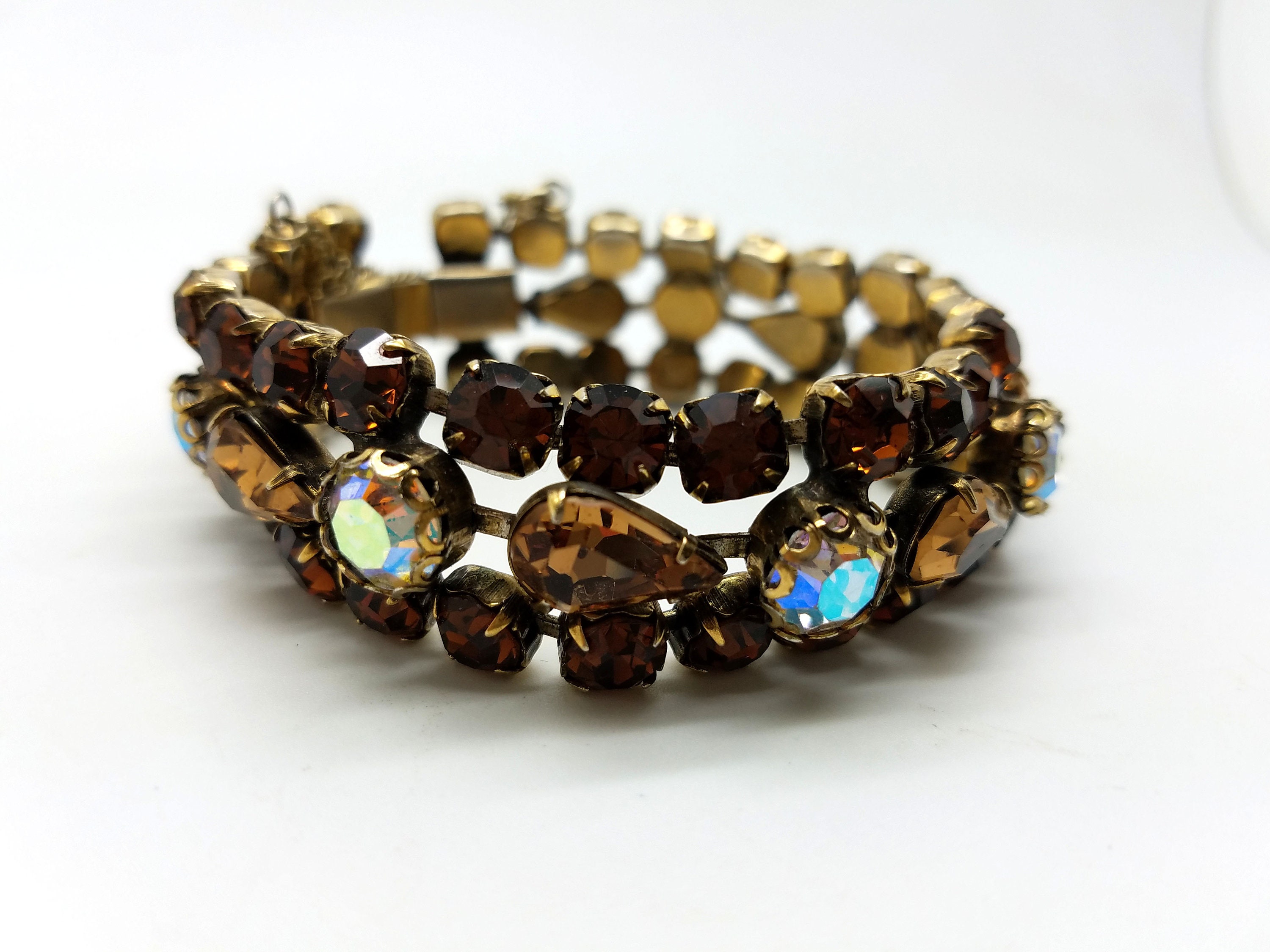Vintage Wide Rinestone Bracelet Brown Caramel Aurora Borealis